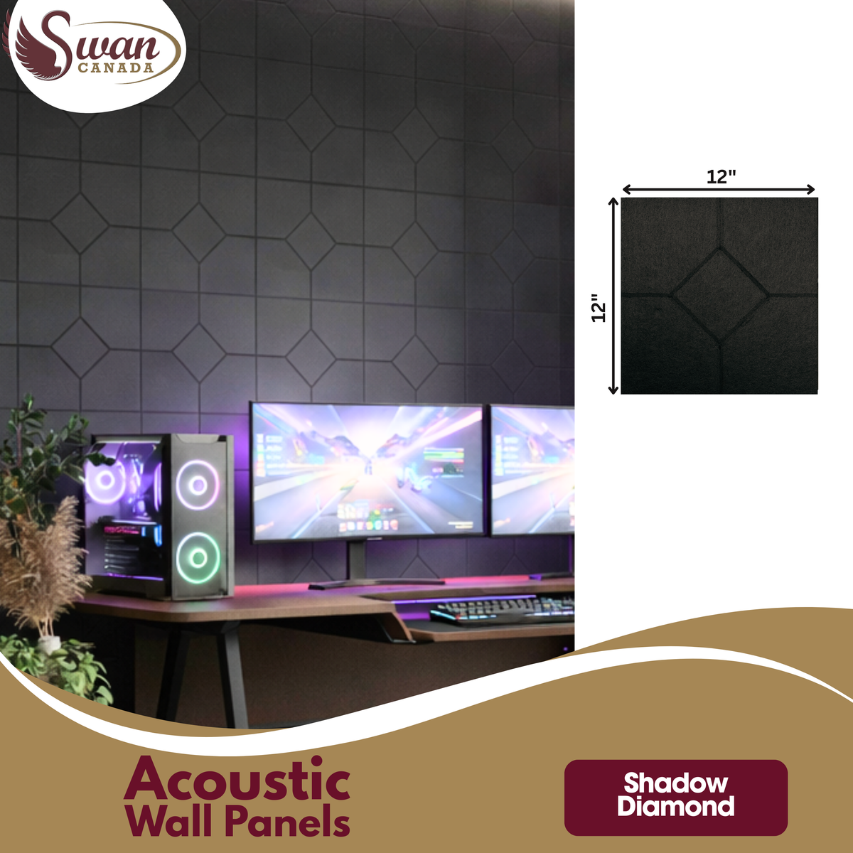 Acoustic Felt Panel, Shadow Diamond, 1ft x 1ft – Swan Canada