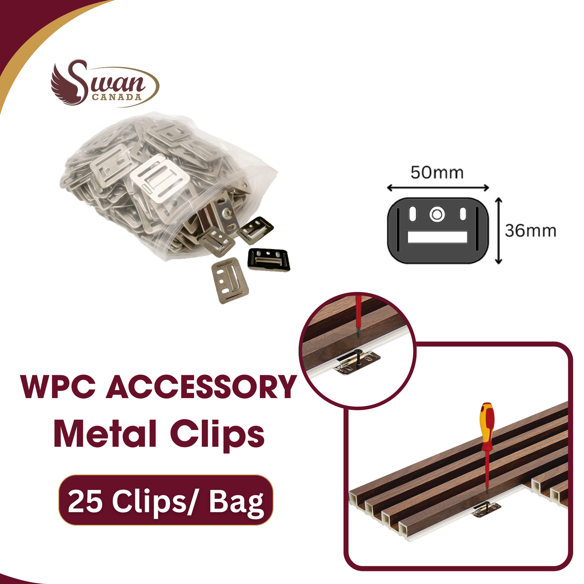 WPC Metal Clips, 1 3/16 ″ x 1 37/64 ″, Bag of 25 Clips – Swan Canada