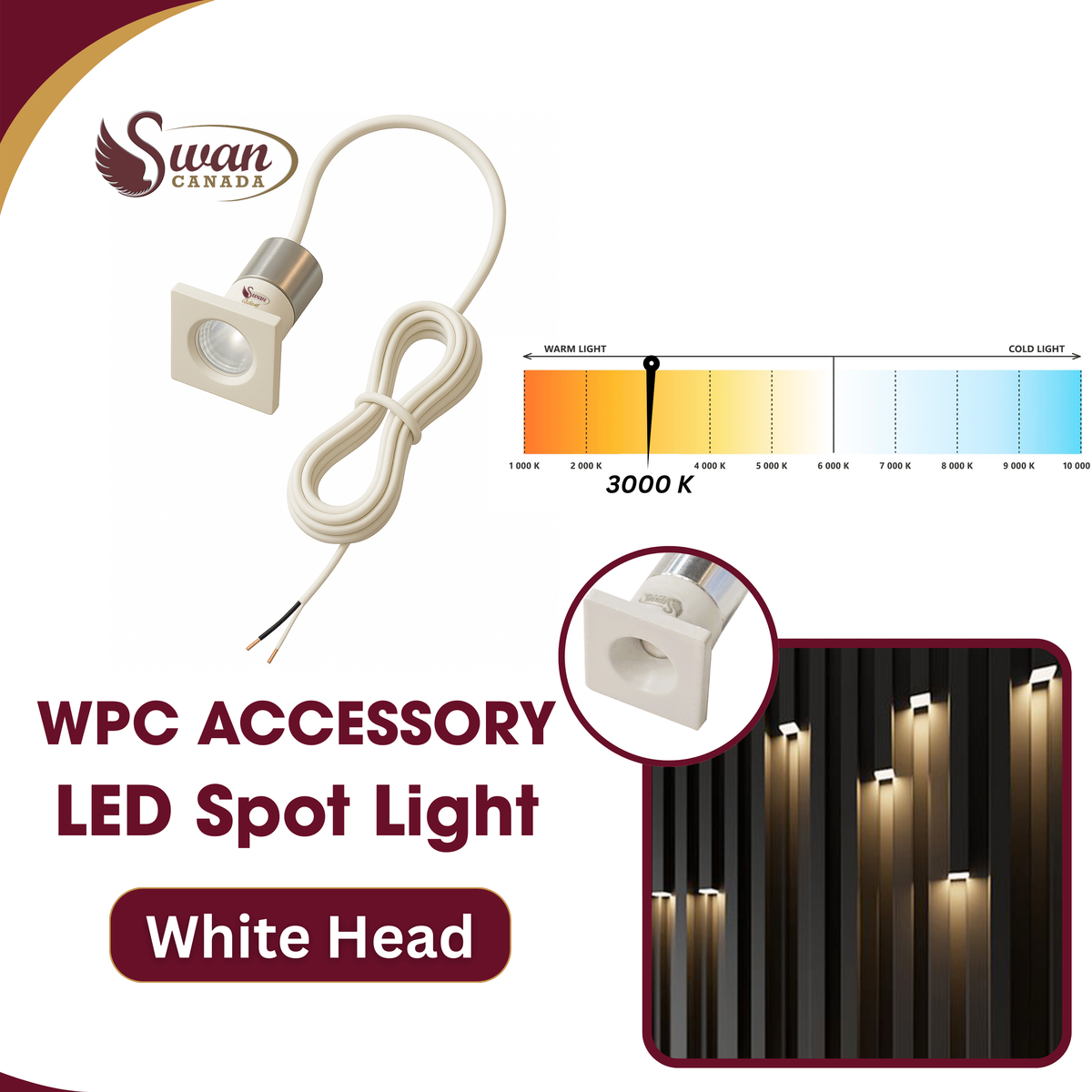 WPC LED Spot Light, 3000k, White Head – Swan Canada